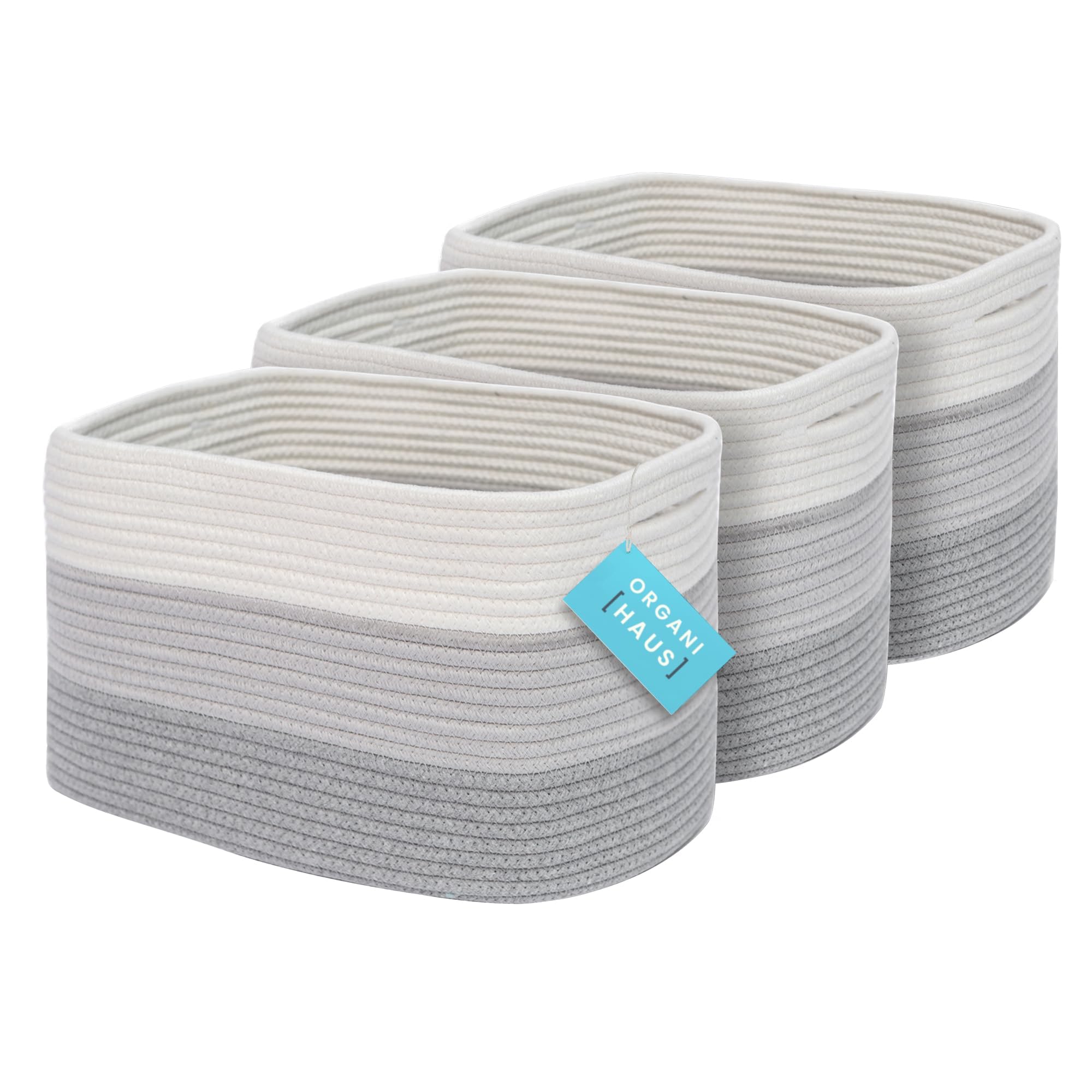 OrganiHaus Woven Baskets for Storage Set of 3 | Small Woven Baskets for Organizing | Cotton Rope Baskets for Storage | Towel Baskets for Bathroom | Decorative Soft Storage Basket Bins - Grey Basket