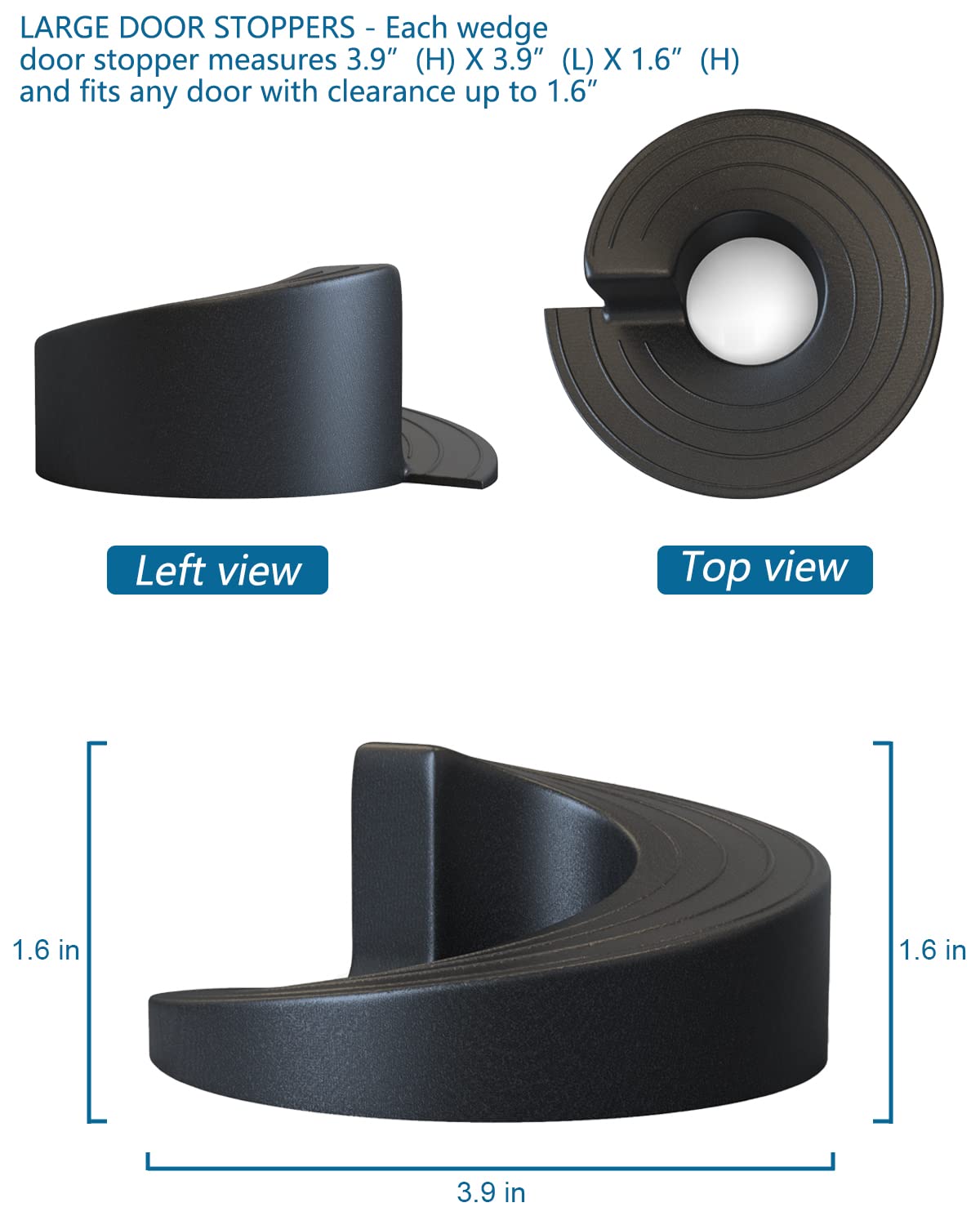 Door Stoppers - Rubber Security Wedge for Bottom of Door on Concrete, Tile, Carpet, Linoleum & Wooden Floor - Spiral Heavy Duty Door Stop - 2 Pack - Black
