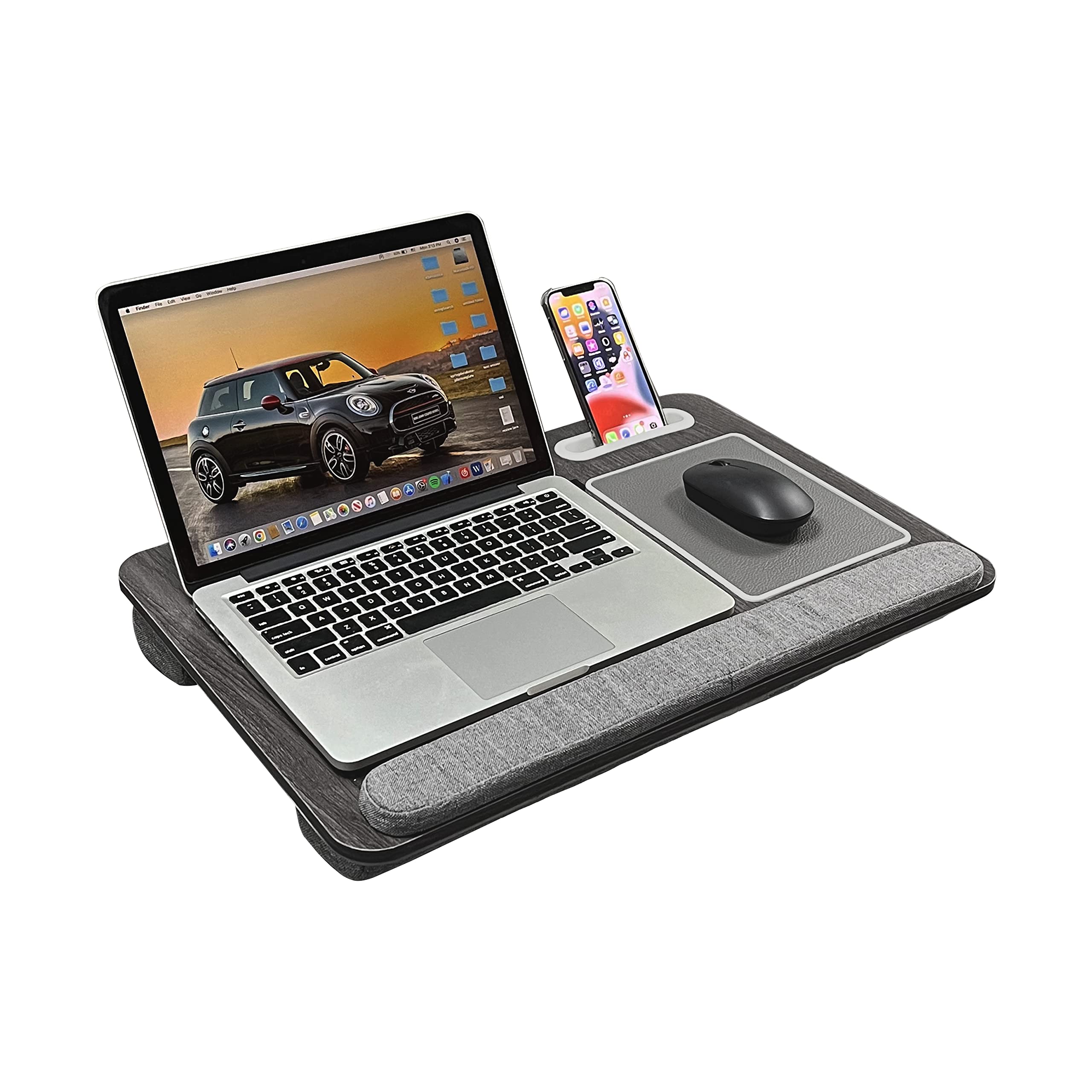 MCMACROS Laptop Lap Desk Home Office with Cushion, Mouse Pad, and Phone Holder for Couch Bed, Dorm Room Essentials as Computer Laptop Stand, Book Tablet- Fits Up to 17 Inch Laptops, Oak Grey