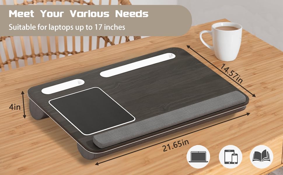 MCMACROS Laptop Lap Desk Home Office with Cushion, Mouse Pad, and Phone Holder for Couch Bed, Dorm Room Essentials as Computer Laptop Stand, Book Tablet- Fits Up to 17 Inch Laptops, Oak Grey