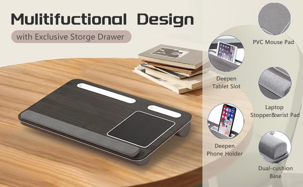 MCMACROS Laptop Lap Desk Home Office with Cushion, Mouse Pad, and Phone Holder for Couch Bed, Dorm Room Essentials as Computer Laptop Stand, Book Tablet- Fits Up to 17 Inch Laptops, Oak Grey