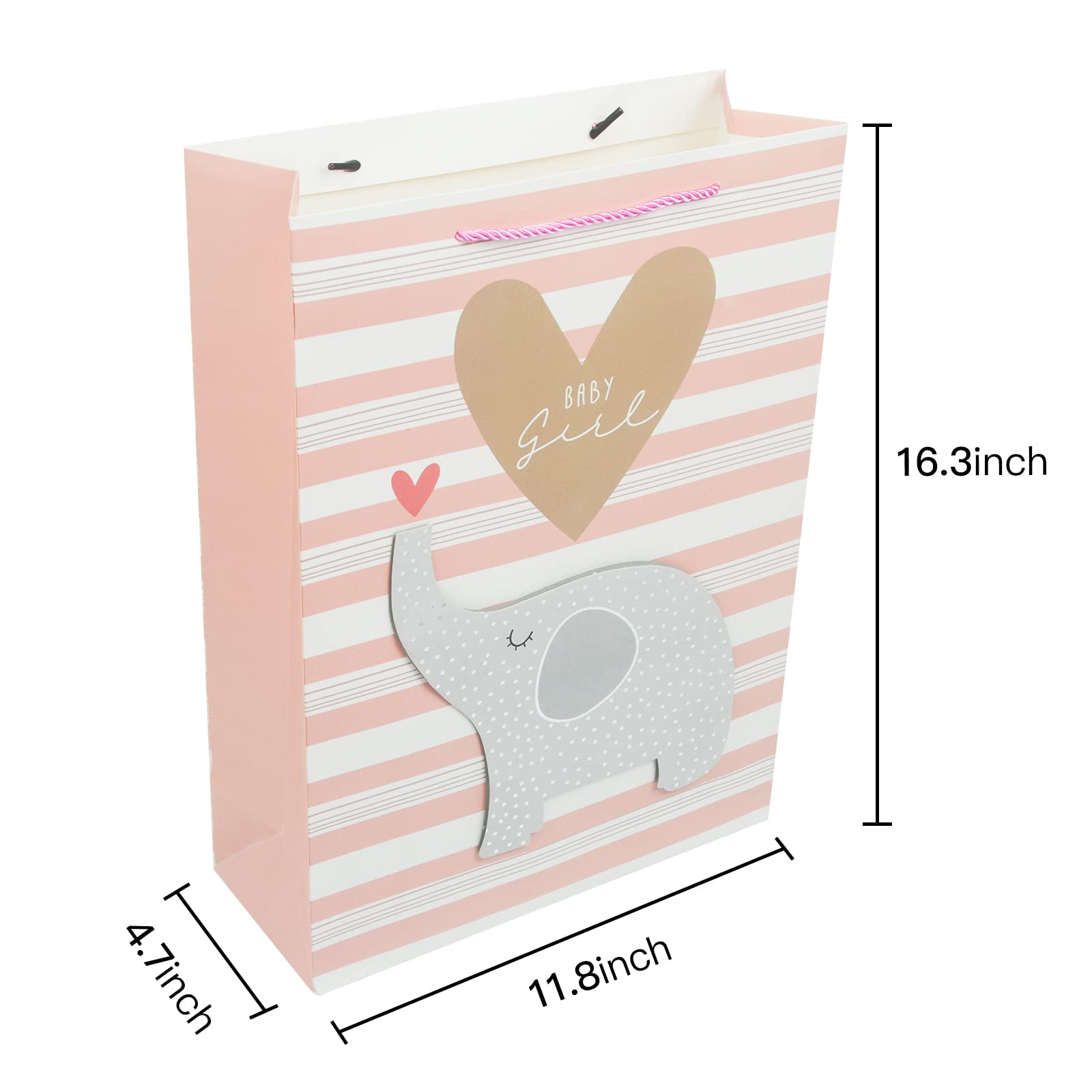 LDGOOAEL 16" Large Gift Bag with Tissue Paper for Baby Shower - 2 Pack (Baby Girl, Pink Elephant)