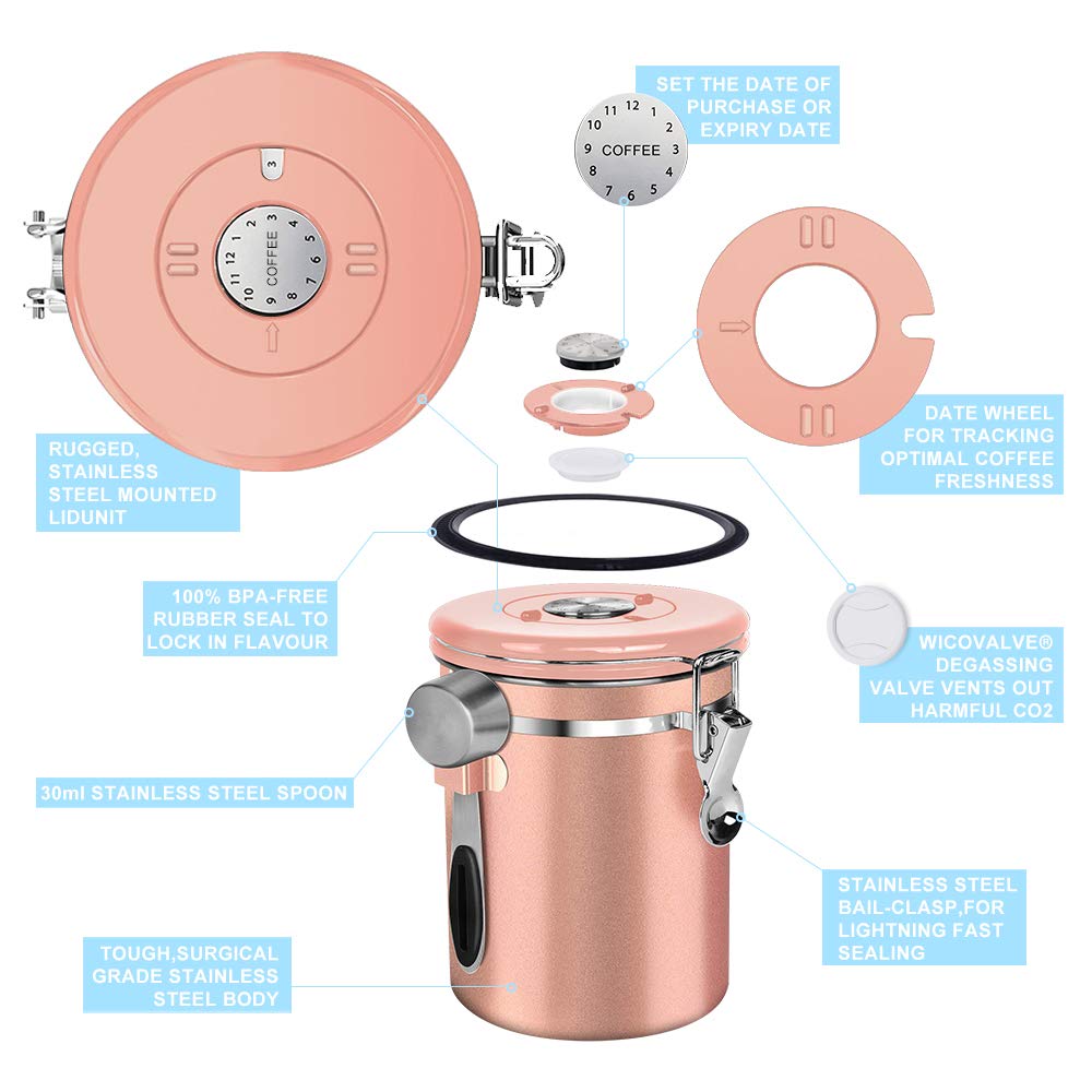 NEX Coffee Canister, 22oz Airtight Stainless Steel Coffee Kitchen Food Storage Container with Scoop, Date Tracker and CO2 Release Valve for Beans, Ground, Tea, Flour, Cereal, Sugar, Rose Gold