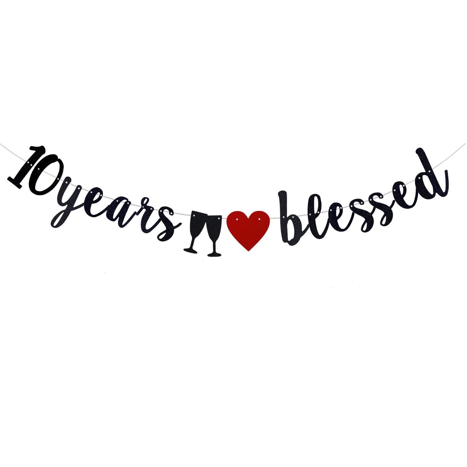 MJJLT 10 Years Blessed Black Paper Sign Banner for Boy/Girl's 10th Birthday Party Supplies,Pre-Strung 10th Wedding Anniversary Party Decorations