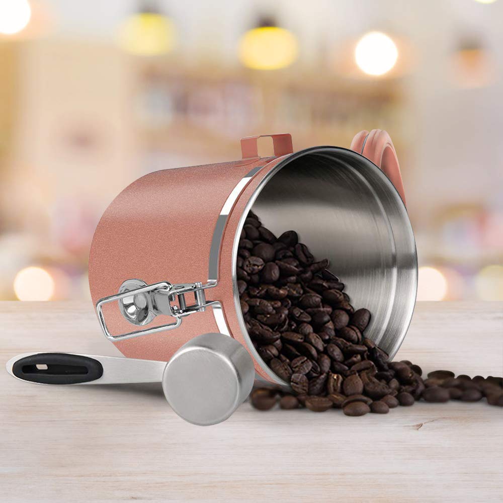 NEX Coffee Canister, 22oz Airtight Stainless Steel Coffee Kitchen Food Storage Container with Scoop, Date Tracker and CO2 Release Valve for Beans, Ground, Tea, Flour, Cereal, Sugar, Rose Gold