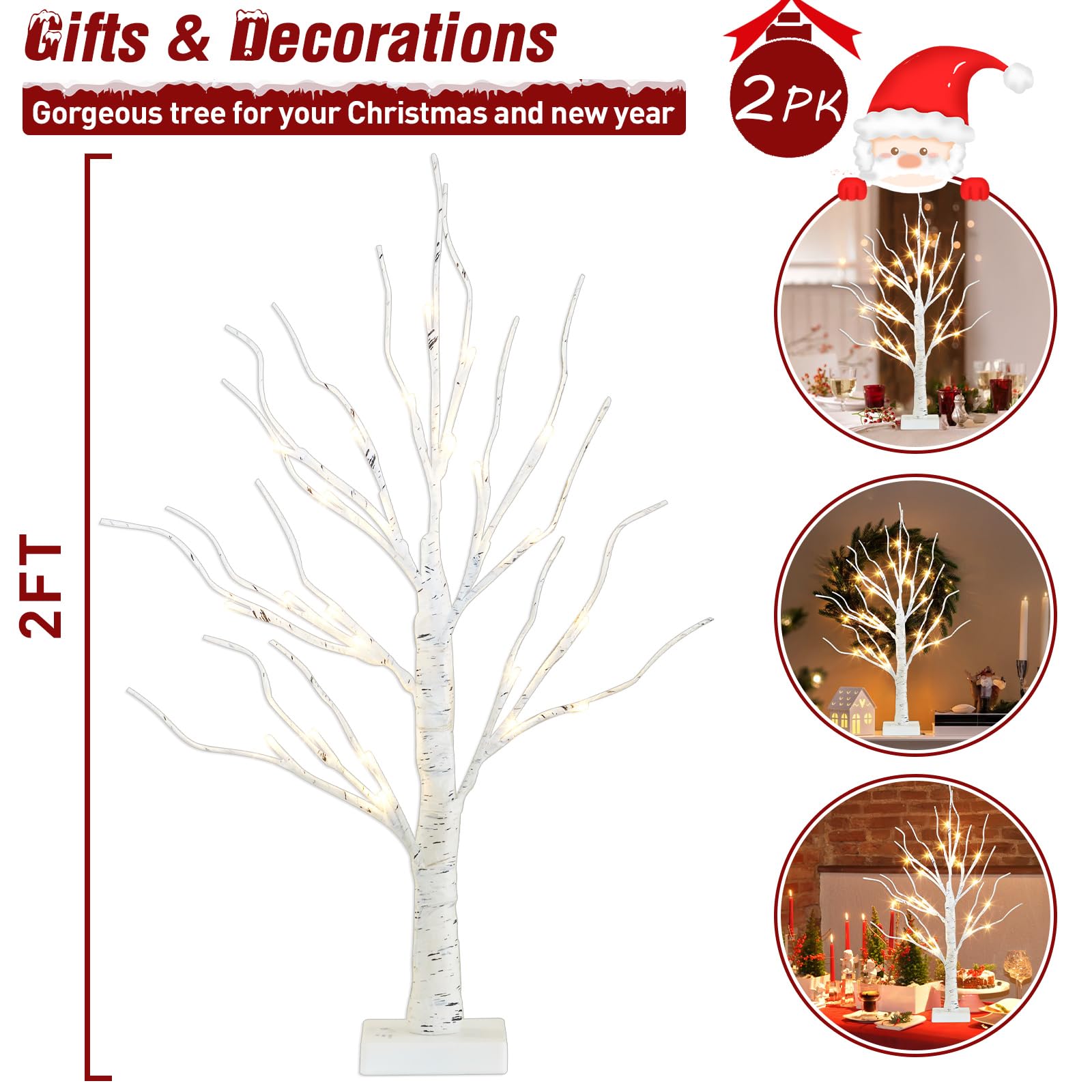 PEIDUO Easter Decorations for The Home, Set of 2 Easter Tree Battery Powered Timer, Lighted Birch Tree with LED Lights, Mantle Decor Lighted Trees for Decoration Inside (2FT Warm White)
