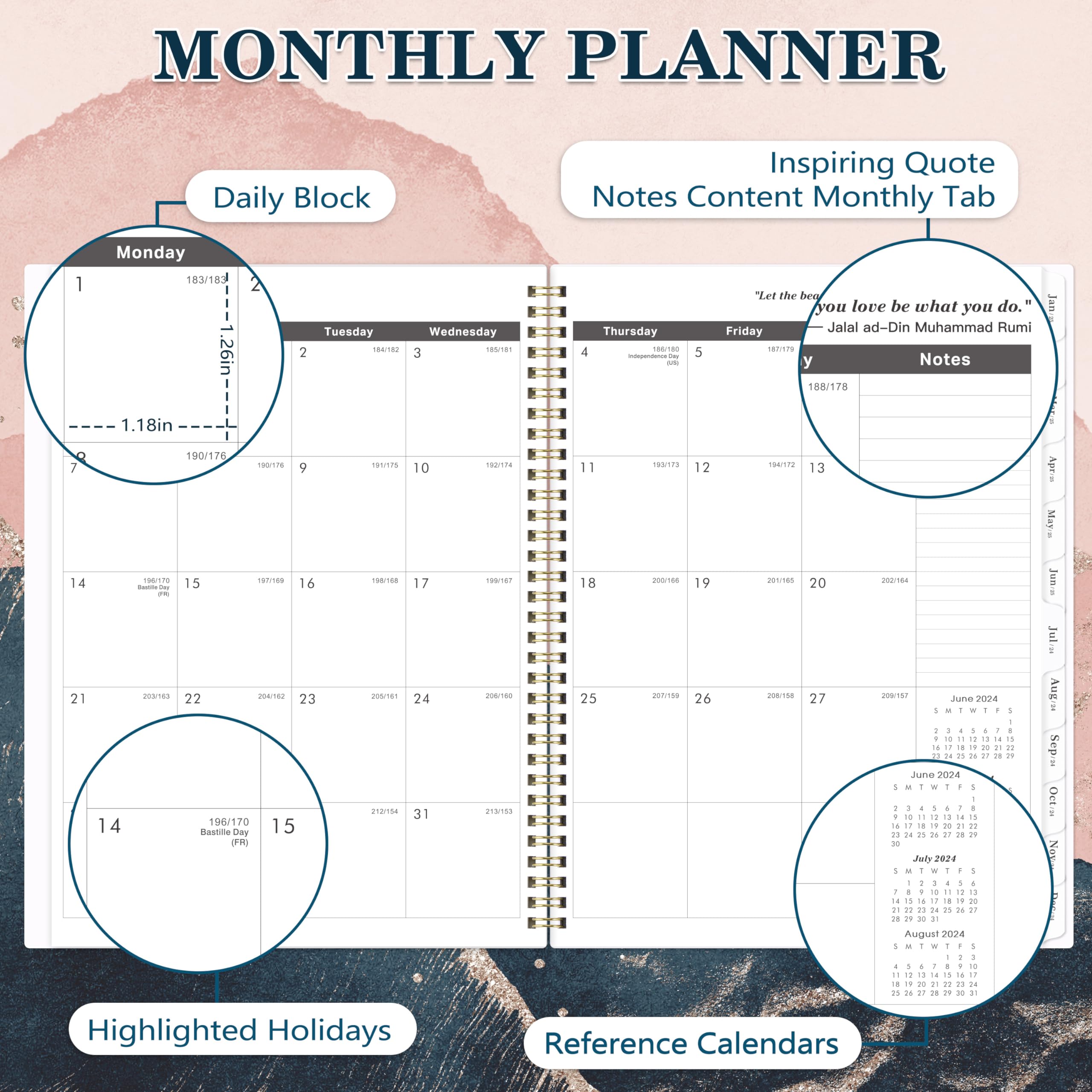 Monthly Planner/Calendar 2023-2025 - Jul. 2023-Jun. 2025, 2023-2025 Monthly Planner, 9" × 11", Two-Year Monthly Planner with Flexible Cover, Monthly Tabs, Pockets, Thick Paper - Pink