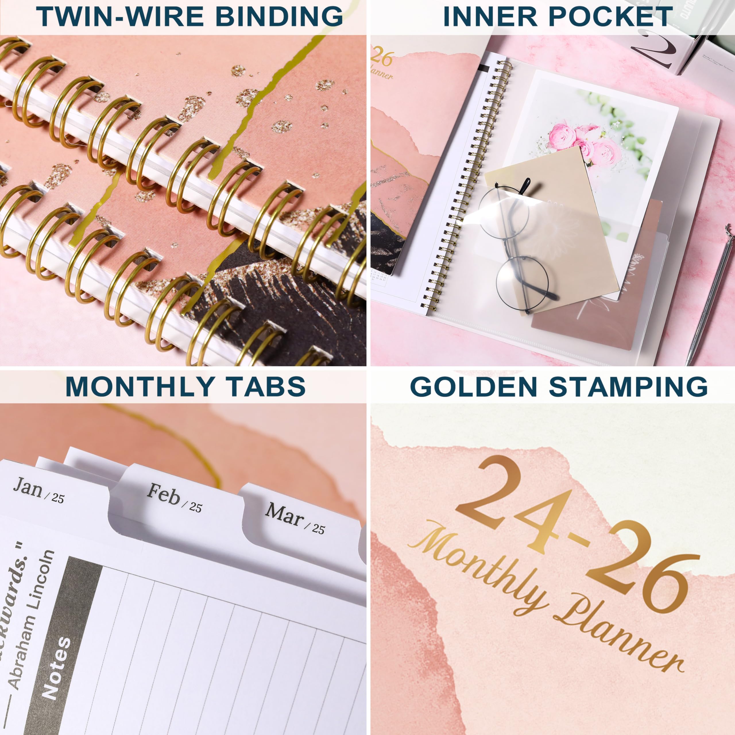 Monthly Planner/Calendar 2023-2025 - Jul. 2023-Jun. 2025, 2023-2025 Monthly Planner, 9" × 11", Two-Year Monthly Planner with Flexible Cover, Monthly Tabs, Pockets, Thick Paper - Pink
