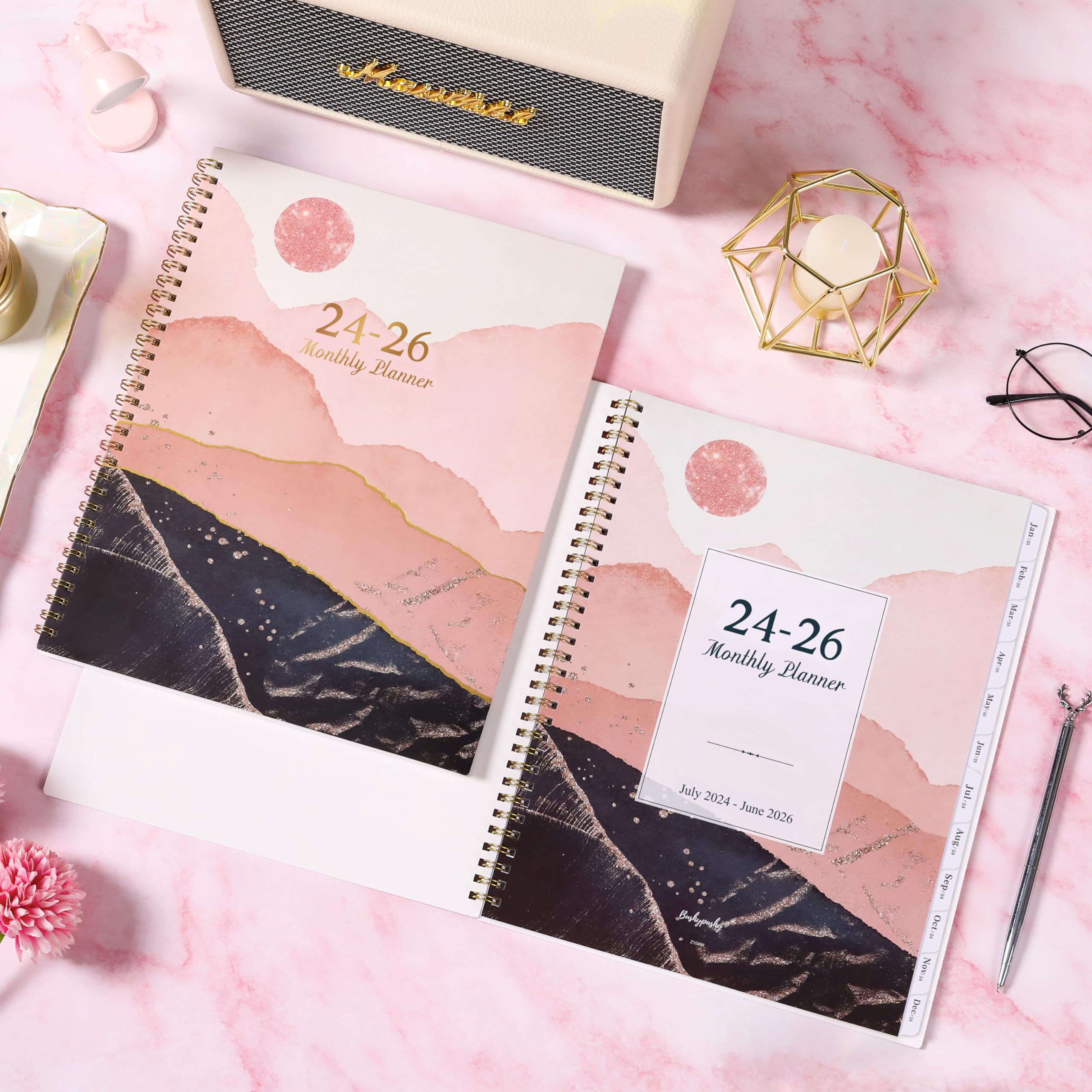 Monthly Planner/Calendar 2023-2025 - Jul. 2023-Jun. 2025, 2023-2025 Monthly Planner, 9" × 11", Two-Year Monthly Planner with Flexible Cover, Monthly Tabs, Pockets, Thick Paper - Pink