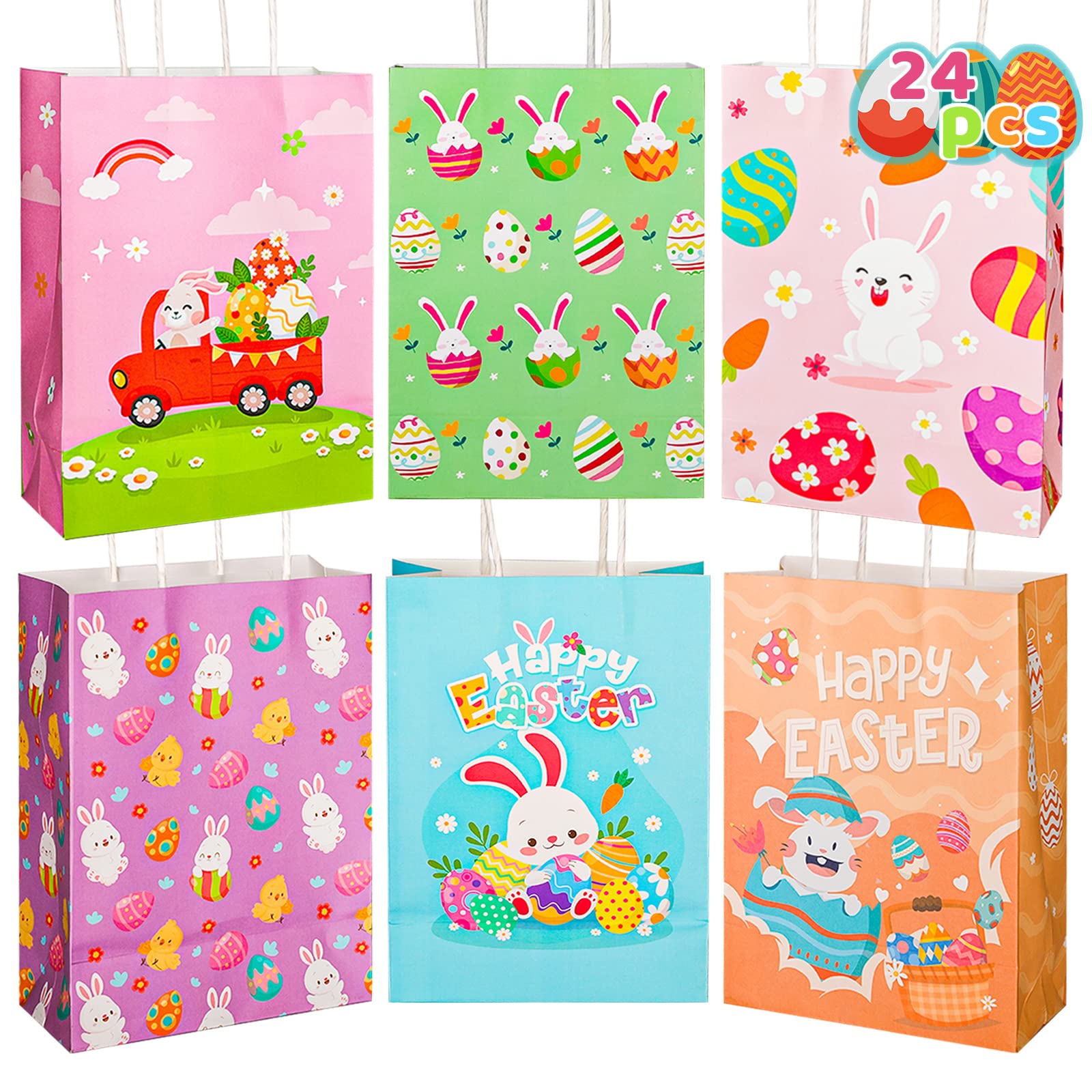 24PCS Easter Treat Bags with Handles, Easter Bags for Treats, Easter Party Favor Bags, Easter Gift Bags, Easter Egg Hunt Bags Decorated with Happy Easter Bunny and Chicks Pattern for Kids Spring Party