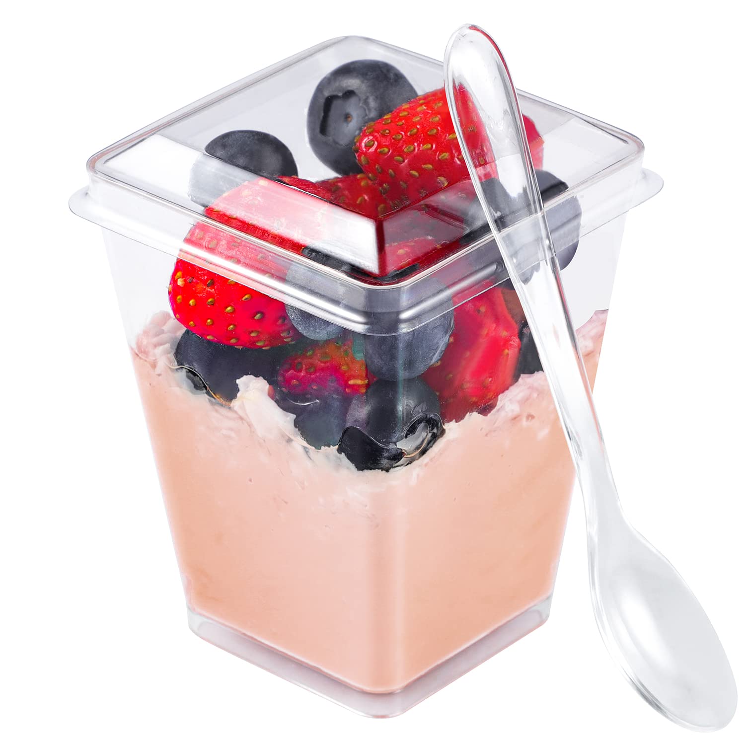 EASERCY 50Pack 5oz Plastic Dessert Cups with Lids Parfait Cups with Lids Appetizer Cups for Party Mini Dessert Cups with Spoons Clear Plastic Cups with Lids Pudding Fruit Ice Cream Cups