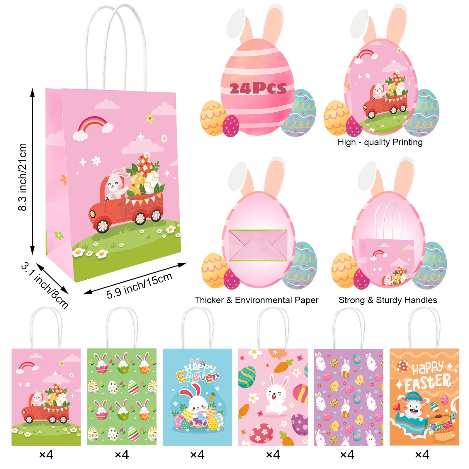 24PCS Easter Treat Bags with Handles, Easter Bags for Treats, Easter Party Favor Bags, Easter Gift Bags, Easter Egg Hunt Bags Decorated with Happy Easter Bunny and Chicks Pattern for Kids Spring Party