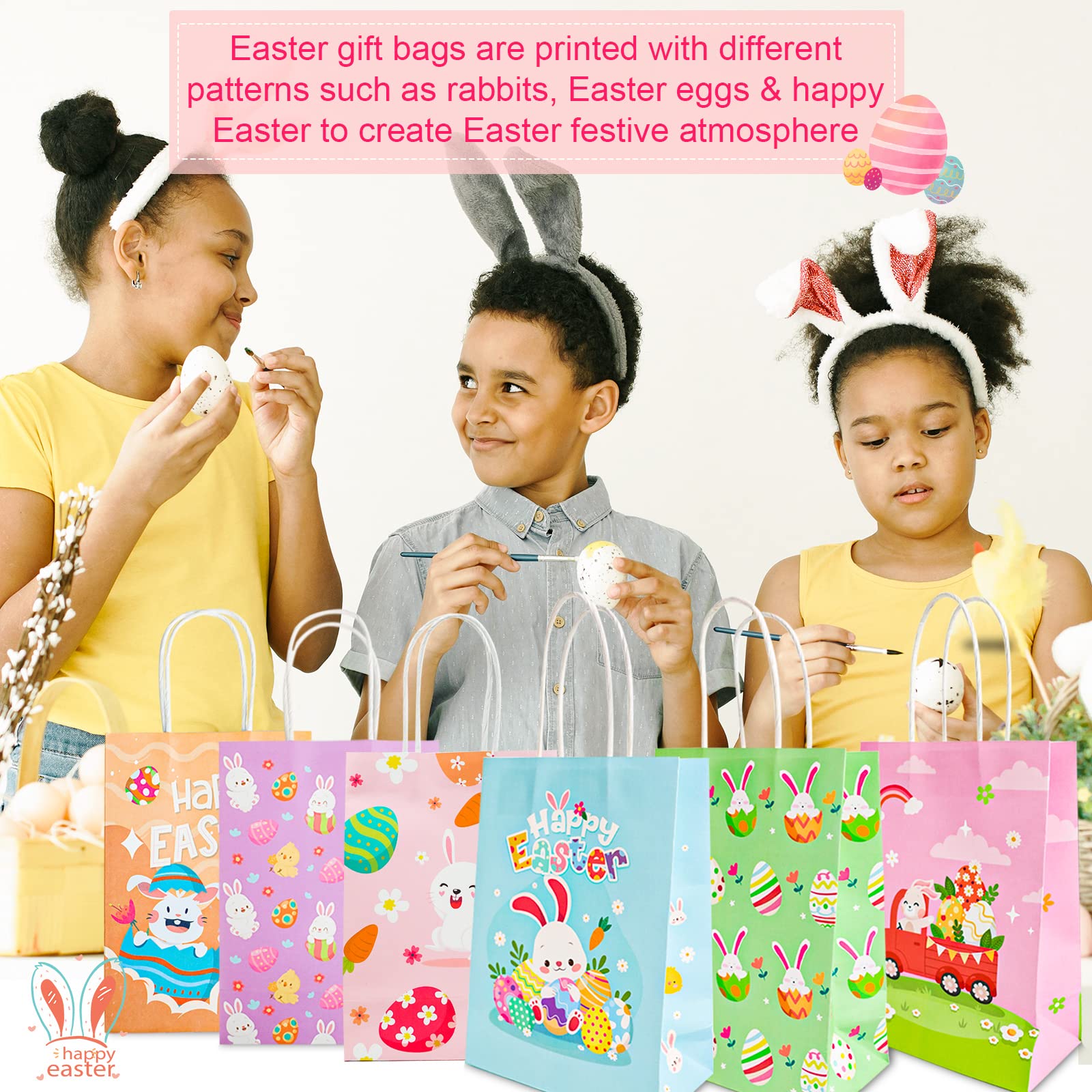 24PCS Easter Treat Bags with Handles, Easter Bags for Treats, Easter Party Favor Bags, Easter Gift Bags, Easter Egg Hunt Bags Decorated with Happy Easter Bunny and Chicks Pattern for Kids Spring Party