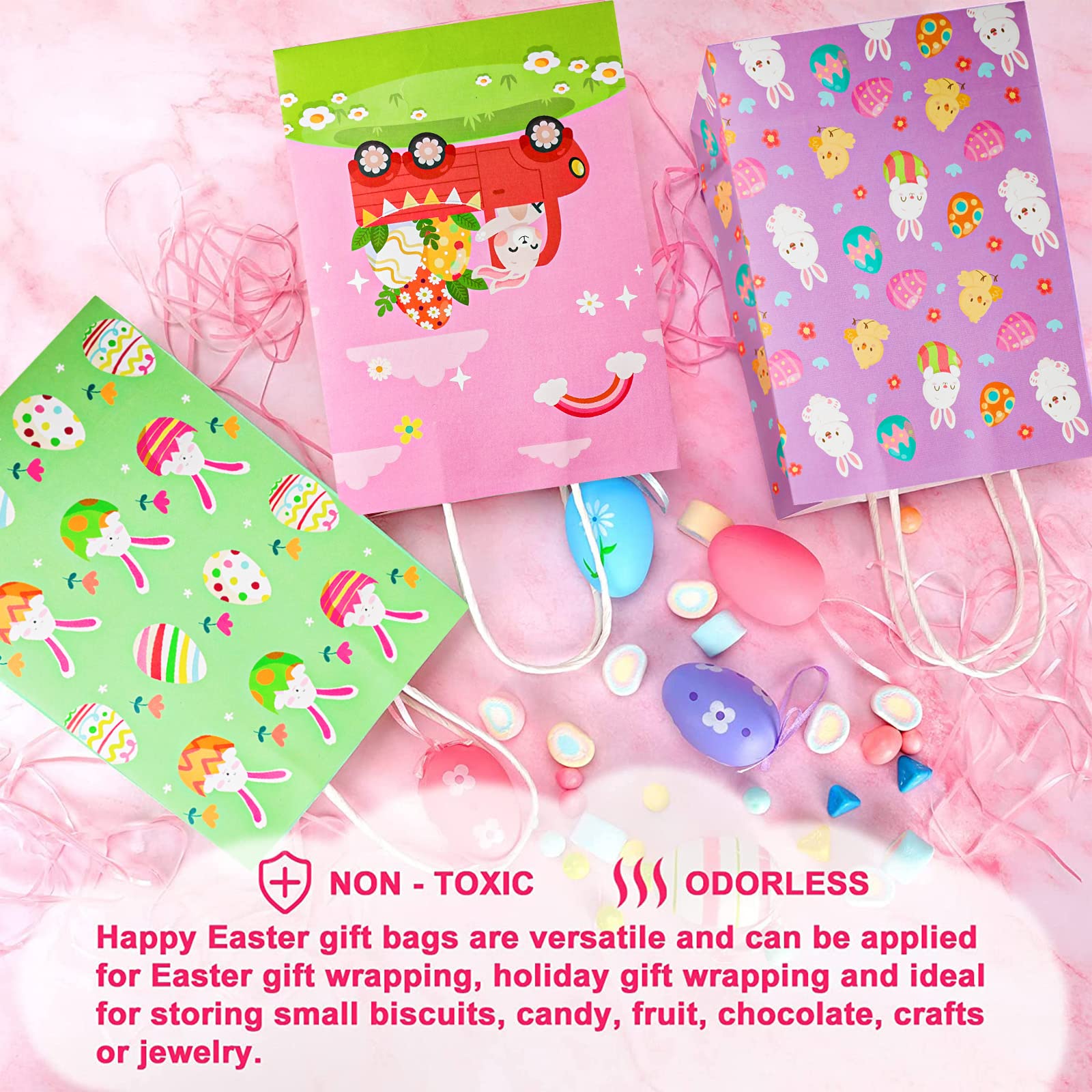 24PCS Easter Treat Bags with Handles, Easter Bags for Treats, Easter Party Favor Bags, Easter Gift Bags, Easter Egg Hunt Bags Decorated with Happy Easter Bunny and Chicks Pattern for Kids Spring Party