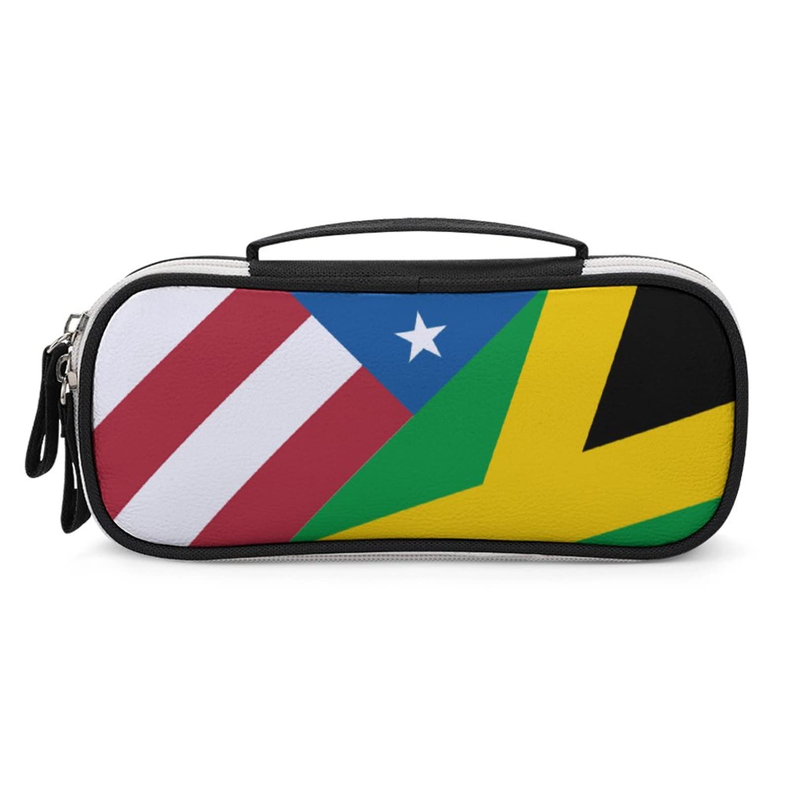 American Jamaican Flag PU Leather Pencil Pen Case Organizer Travel Makeup Handbag Portable Stationery Bag