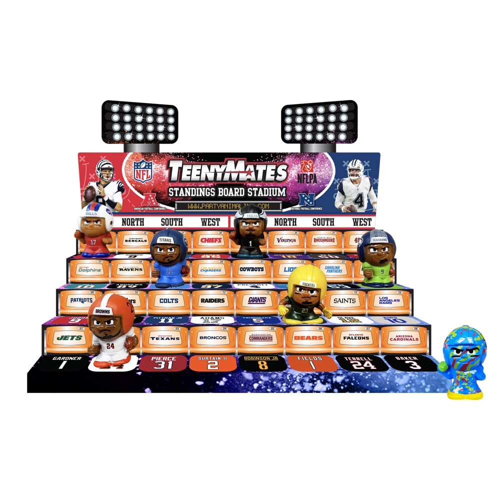 TeenyMates Party Animal NFL 2023 Series 12 Collector Tin, 7 Figures (Includes Color Rush QB), 1 Inch Tall, Team Colors