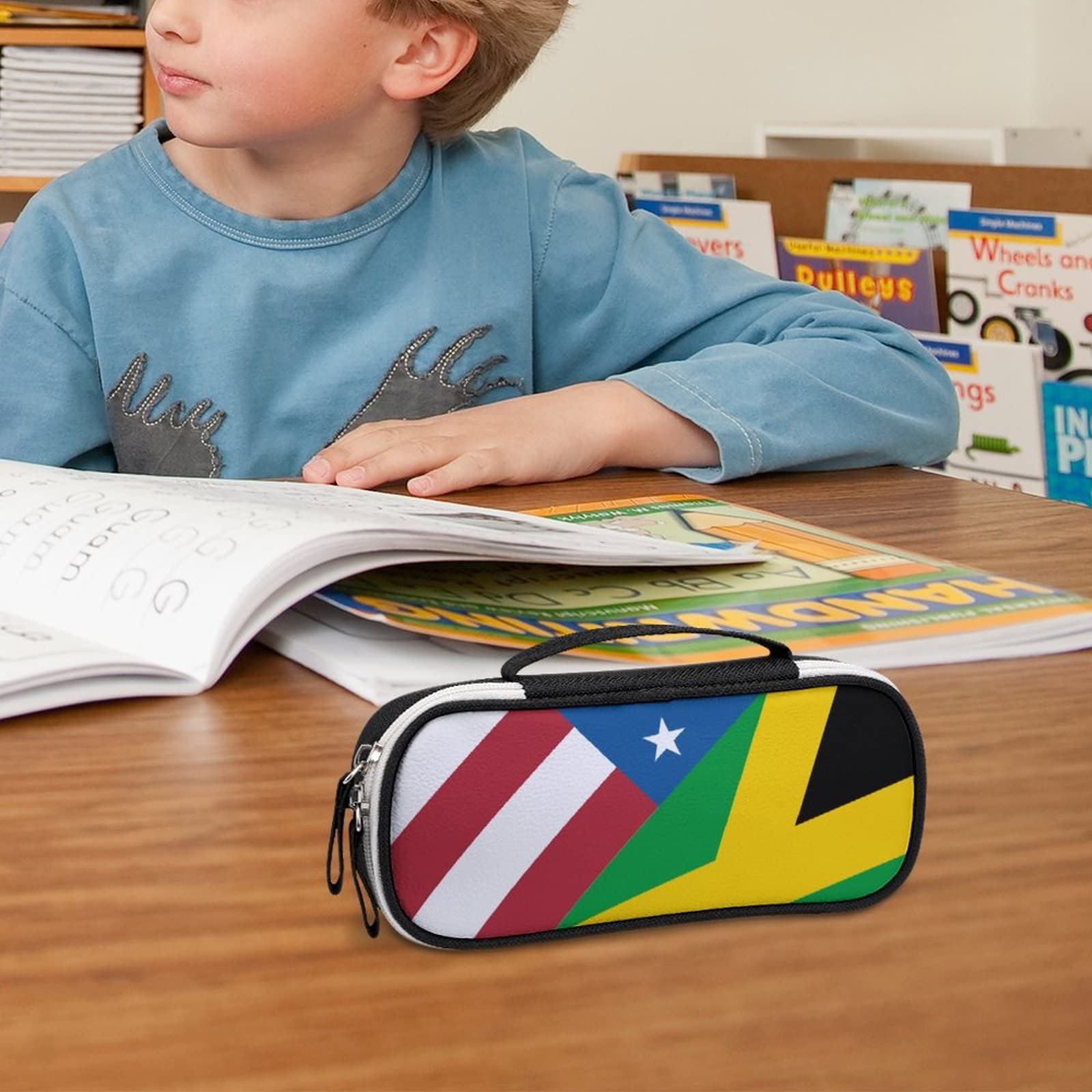 American Jamaican Flag PU Leather Pencil Pen Case Organizer Travel Makeup Handbag Portable Stationery Bag