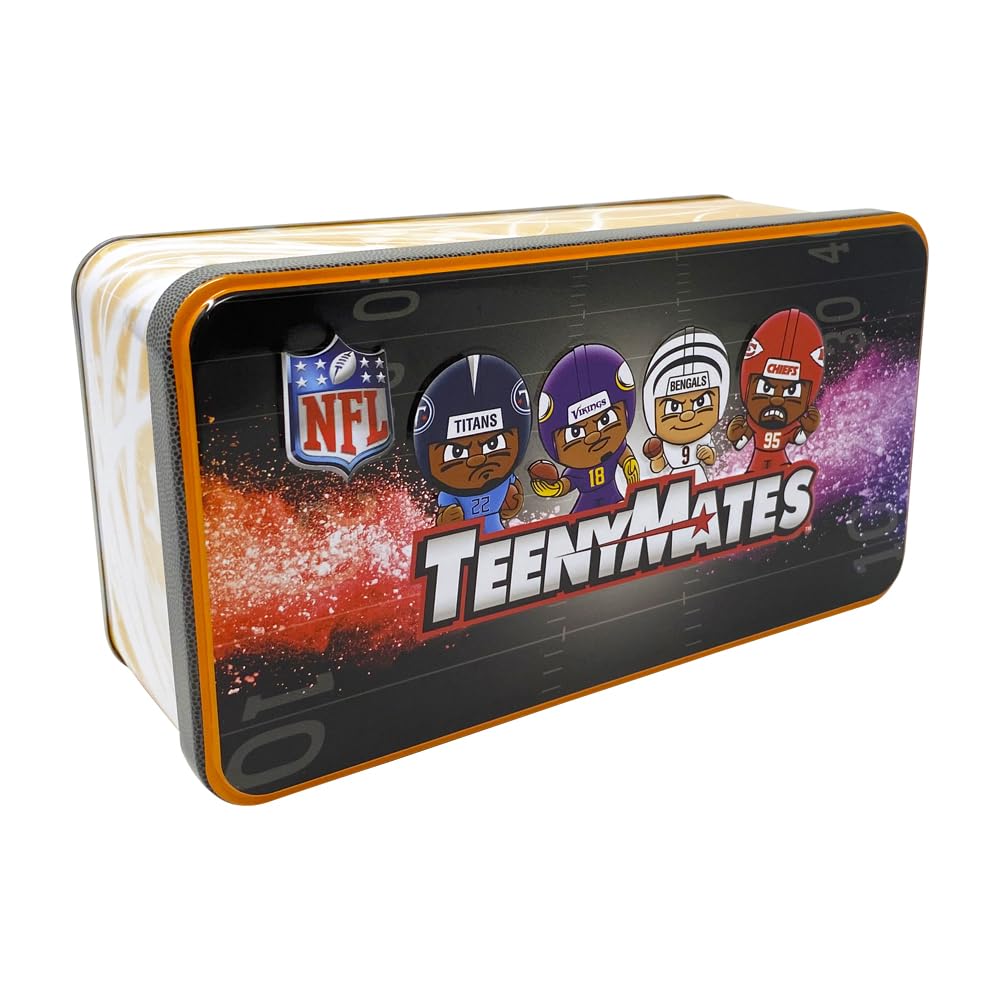 TeenyMates Party Animal NFL 2023 Series 12 Collector Tin, 7 Figures (Includes Color Rush QB), 1 Inch Tall, Team Colors