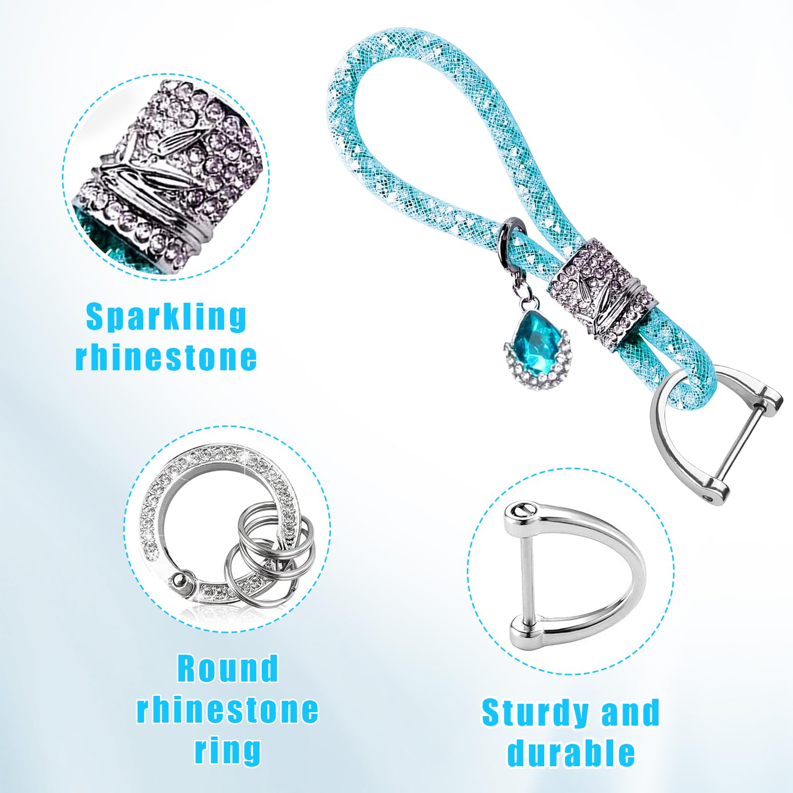 Ziciner Bling Crystal Car KeyChains for Women & Girls, Car Key Chain Glitter Key Ring, Universal Bling Key Chain Accessories (Light Blue)