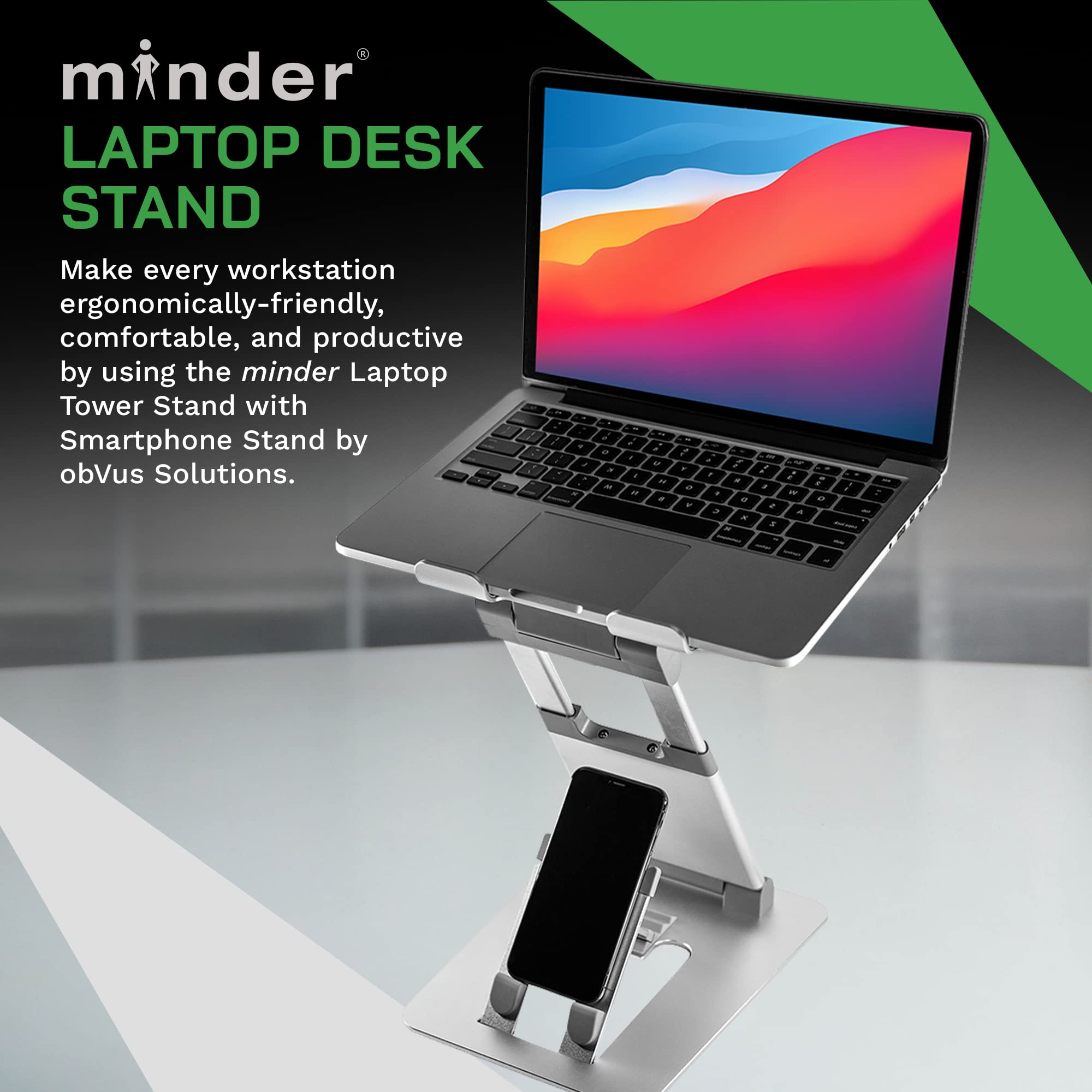 obVus Solutions - minder 2.0 Height-Adjustable Laptop Stand with Integrated Smartphone Holder – Ergonomic, Portable, and Foldable Stand for 10” to 17” Tablets and Laptops