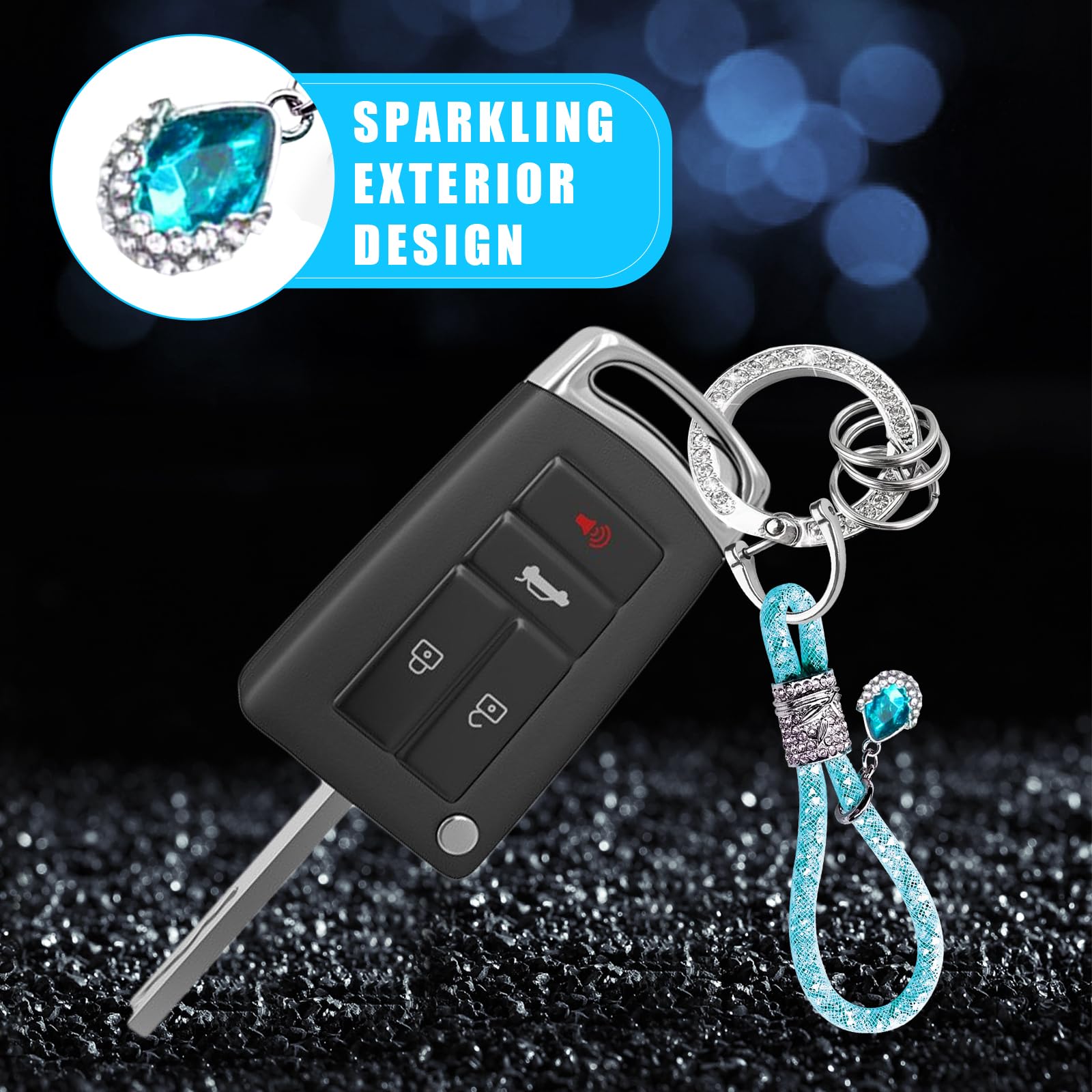 Ziciner Bling Crystal Car KeyChains for Women & Girls, Car Key Chain Glitter Key Ring, Universal Bling Key Chain Accessories (Light Blue)