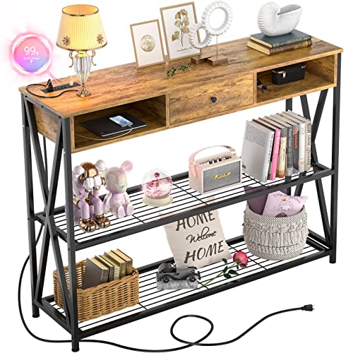 armocity Console Table with Outlets, Entryway Table for Entry, 47 Inch Sofa Table with Drawers, Long Hallway Table, Industrial Behind Couch Table for Entryway, Sofa Couch, Entrance, Hallway, Rustic