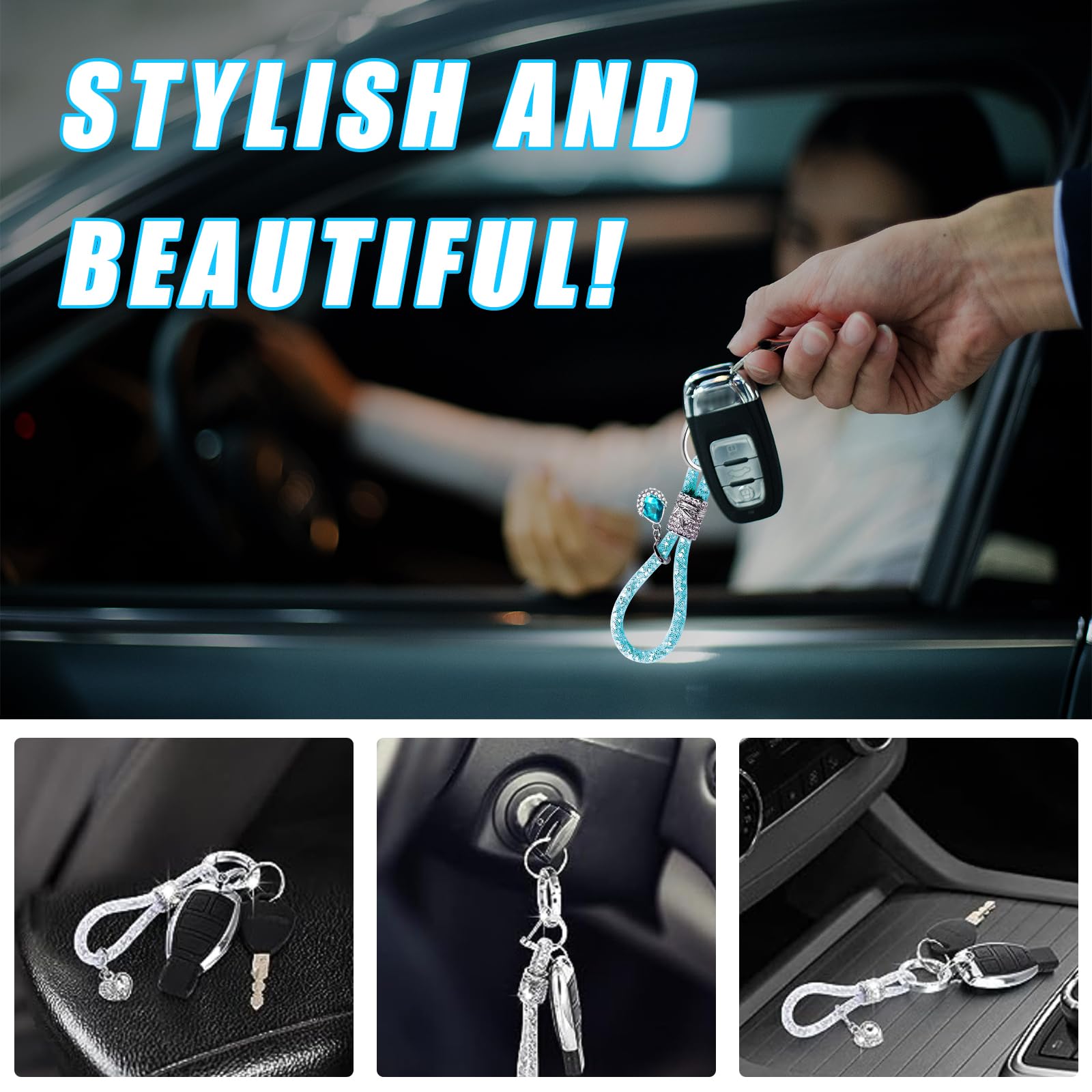 Ziciner Bling Crystal Car KeyChains for Women & Girls, Car Key Chain Glitter Key Ring, Universal Bling Key Chain Accessories (Light Blue)
