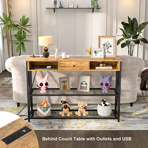 armocity Console Table with Outlets, Entryway Table for Entry, 47 Inch Sofa Table with Drawers, Long Hallway Table, Industrial Behind Couch Table for Entryway, Sofa Couch, Entrance, Hallway, Rustic