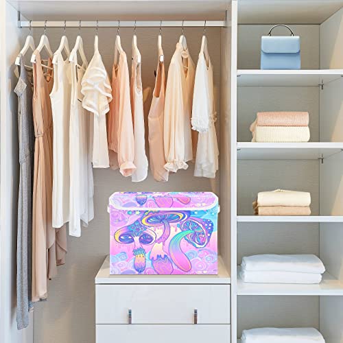 Blueangle Magic Mushrooms Storage Bins with Lids, 16.5 x 12.6 x 11.8 in, Large Collapsible Organizer Storage Basket for Home Office Décor(782)
