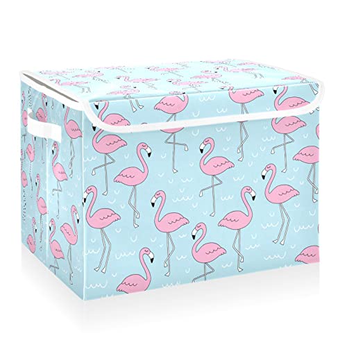 CaTaKu Flamingo Blue Cute Storage Bins with Lids Fabric Large Storage Container Cube Basket with Handle Decorative Storage Boxes for Organizing Clothes Shelves