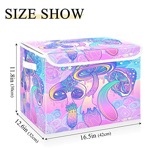 Blueangle Magic Mushrooms Storage Bins with Lids, 16.5 x 12.6 x 11.8 in, Large Collapsible Organizer Storage Basket for Home Office Décor(782)