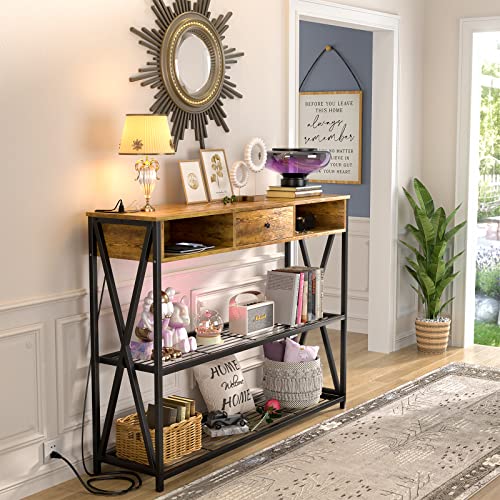 armocity Console Table with Outlets, Entryway Table for Entry, 47 Inch Sofa Table with Drawers, Long Hallway Table, Industrial Behind Couch Table for Entryway, Sofa Couch, Entrance, Hallway, Rustic