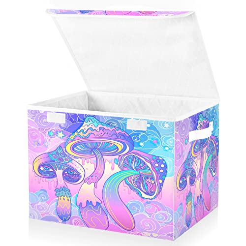 Blueangle Magic Mushrooms Storage Bins with Lids, 16.5 x 12.6 x 11.8 in, Large Collapsible Organizer Storage Basket for Home Office Décor(782)
