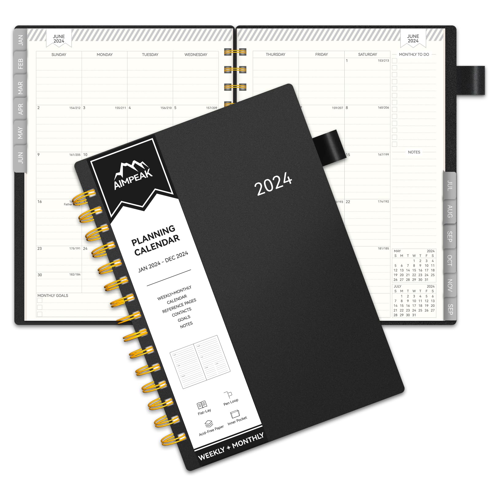 2023 Weekly & Monthly Planner, Jan. 2023 - Dec. 2023, AIMPEAK Planner 2023, Monthly Tabs, Inner Pocket, Pen Loop, PVC Waterproof Cover, Notes Pages, Spiral Binding, 138Pages, Black(5.5"x8.5")