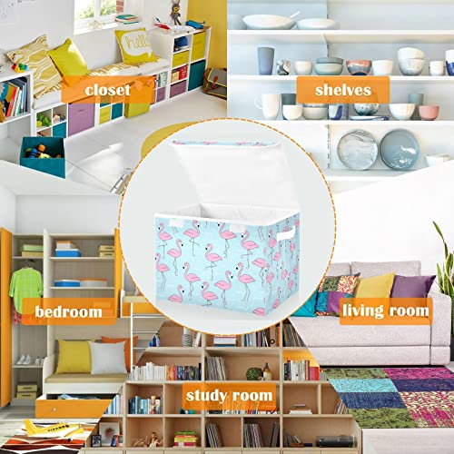 CaTaKu Flamingo Blue Cute Storage Bins with Lids Fabric Large Storage Container Cube Basket with Handle Decorative Storage Boxes for Organizing Clothes Shelves