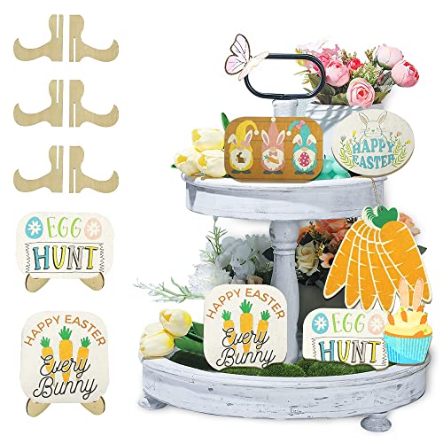 Hying 10 PCS Easter Bunny Gnomes Tiered Tray Decoration, Easter Eggs Mini Wooden Signs Words Letters Garland Carrot Rabbits Tabletop Signs for Home Farmhouse Rustic Kitchen Decor