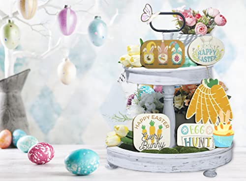Hying 10 PCS Easter Bunny Gnomes Tiered Tray Decoration, Easter Eggs Mini Wooden Signs Words Letters Garland Carrot Rabbits Tabletop Signs for Home Farmhouse Rustic Kitchen Decor