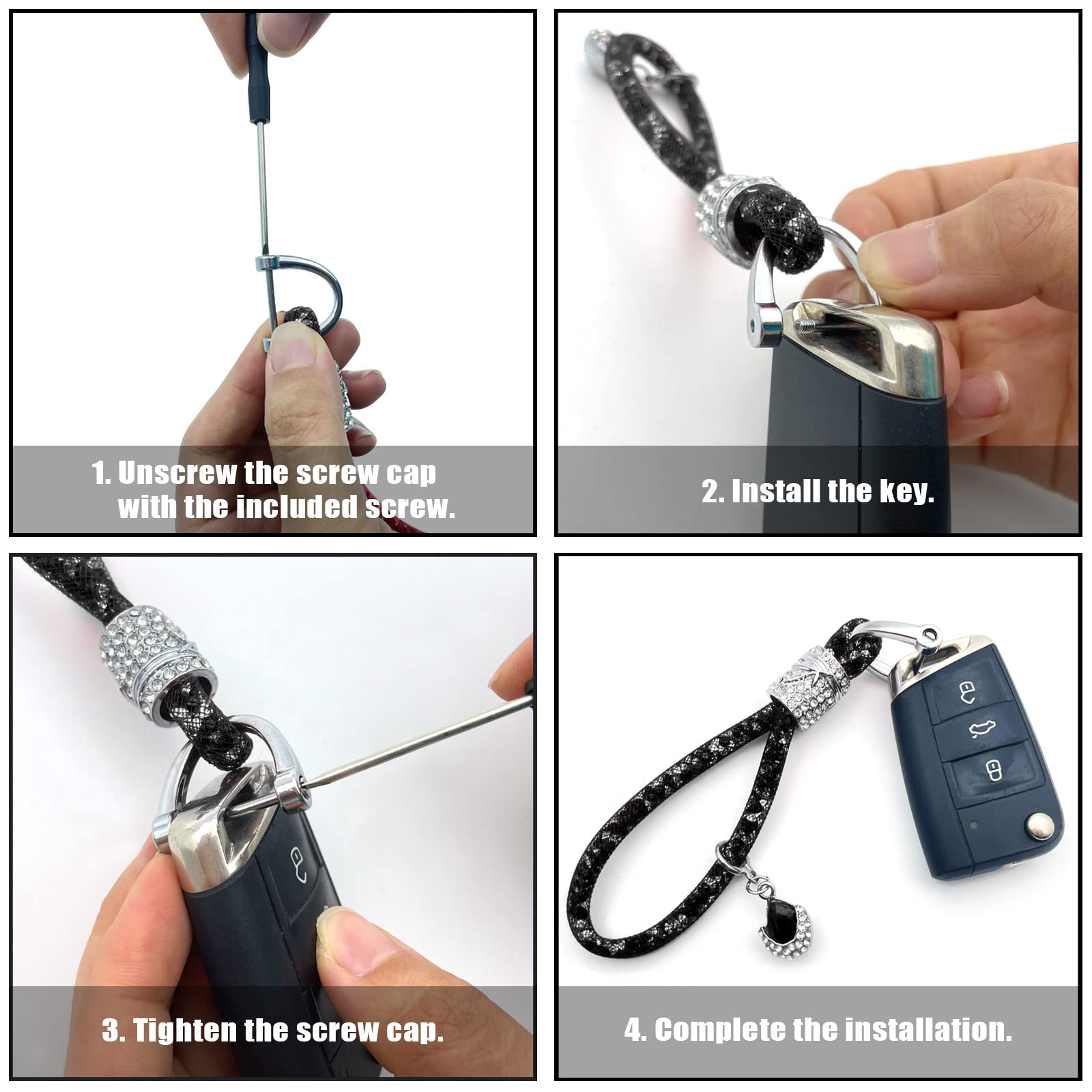 Crystal Car Keychain for Women, Fashion Keychain Accessories With Bling Rhinestones, Universal for Car Key (Black)