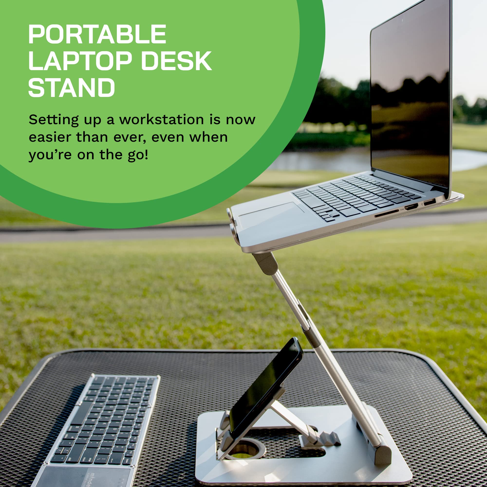 obVus Solutions - minder 2.0 Height-Adjustable Laptop Stand with Integrated Smartphone Holder – Ergonomic, Portable, and Foldable Stand for 10” to 17” Tablets and Laptops