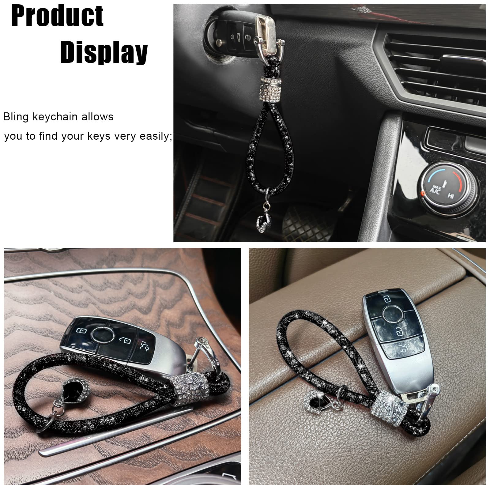 Crystal Car Keychain for Women, Fashion Keychain Accessories With Bling Rhinestones, Universal for Car Key (Black)