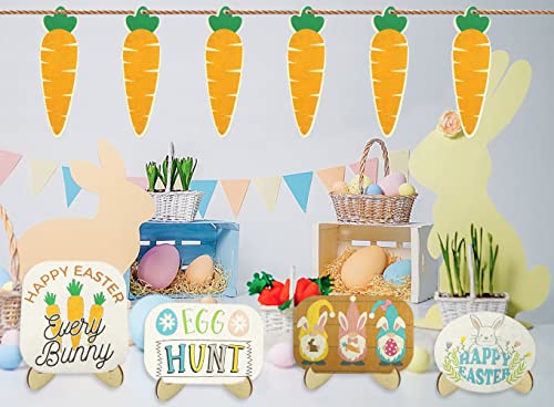 Hying 10 PCS Easter Bunny Gnomes Tiered Tray Decoration, Easter Eggs Mini Wooden Signs Words Letters Garland Carrot Rabbits Tabletop Signs for Home Farmhouse Rustic Kitchen Decor