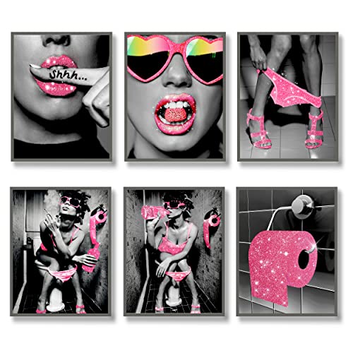Luodroduo Fashion Wall Art Bathroom Decor Prints Set of 6 Pink Glam Glitter Tissue Canvas Posters Pictures Photos Funny Modern Women Bathroom Toilet Artwork Wall Black and White (8"x10" UNFRAMED)