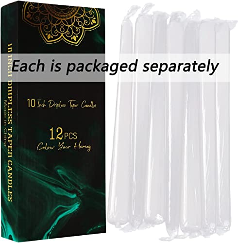 White Dinner Candles - 12 Pack Unscented 10 Inch Straight Taper Candle Set - 7.5 Hour Burn Time- Smokeless and Dripless Household, Spa, Wedding, and Party Candlesticks