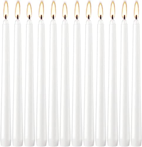 White Dinner Candles - 12 Pack Unscented 10 Inch Straight Taper Candle Set - 7.5 Hour Burn Time- Smokeless and Dripless Household, Spa, Wedding, and Party Candlesticks