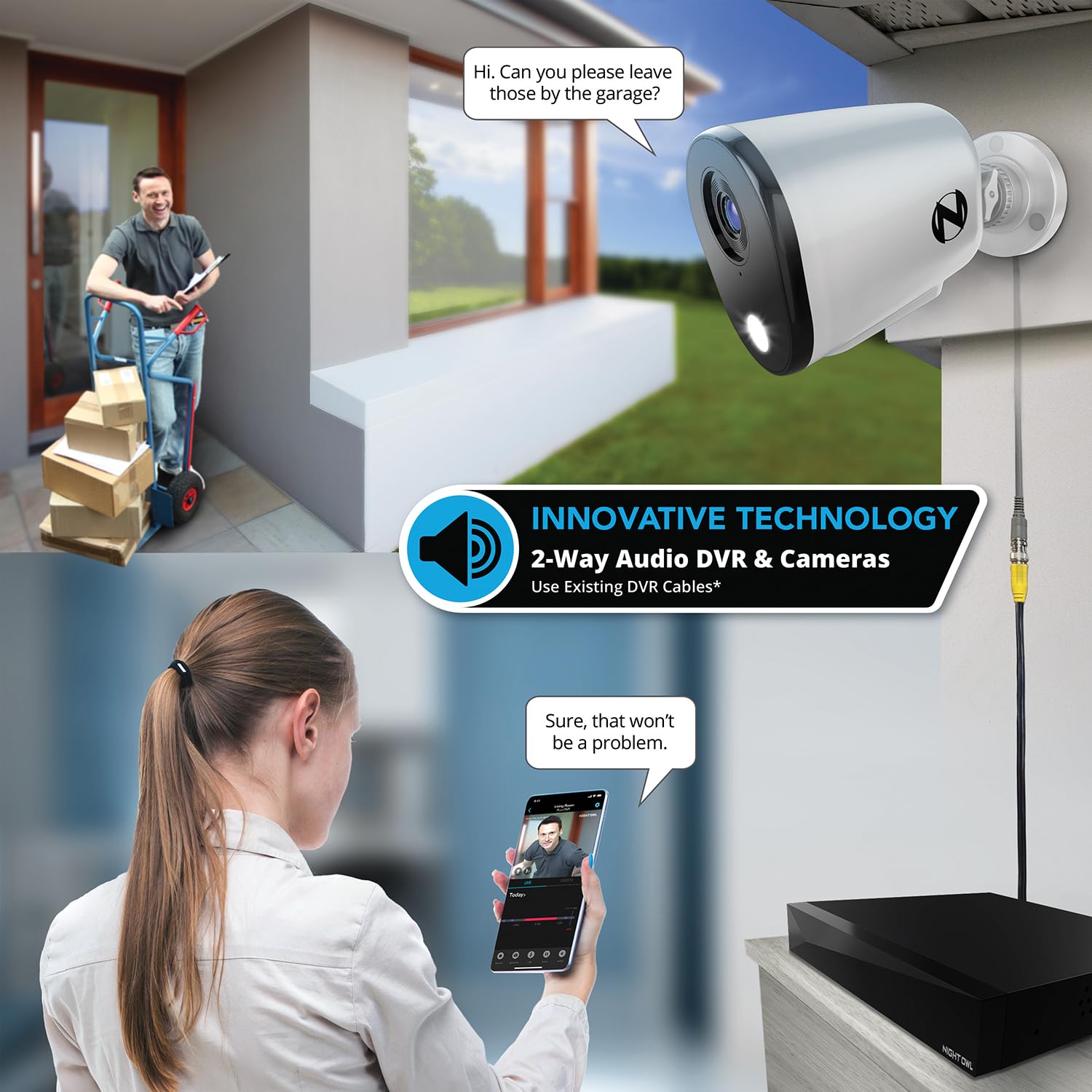 Night Owl 2-Way Audio 12 Channel DVR Video Home Security Camera System with (6) Wired 2K HD Indoor/Outdoor Deterrence Cameras and 2TB Hard Drive (Add up to 4 More Wired and 4 Wi-Fi Cameras) (6 Camera)