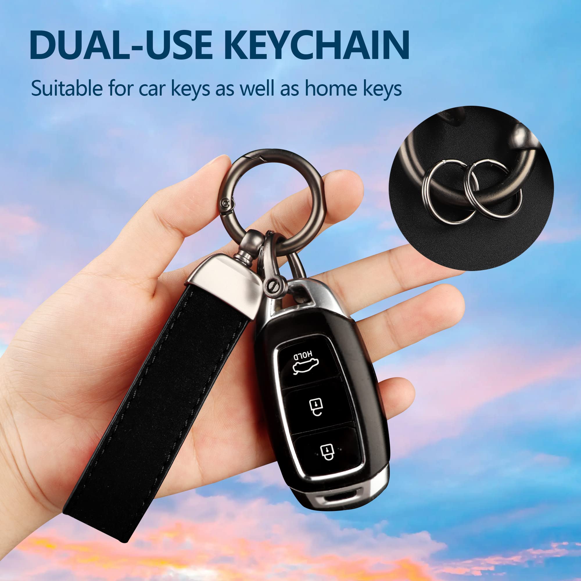 Fehlot Suede Car Key Chain, with Anti Loss D-ring, Two Key Rings and Screwdriver-Rotate 360 Degrees,Car Key Holder for Men & Women (Black)