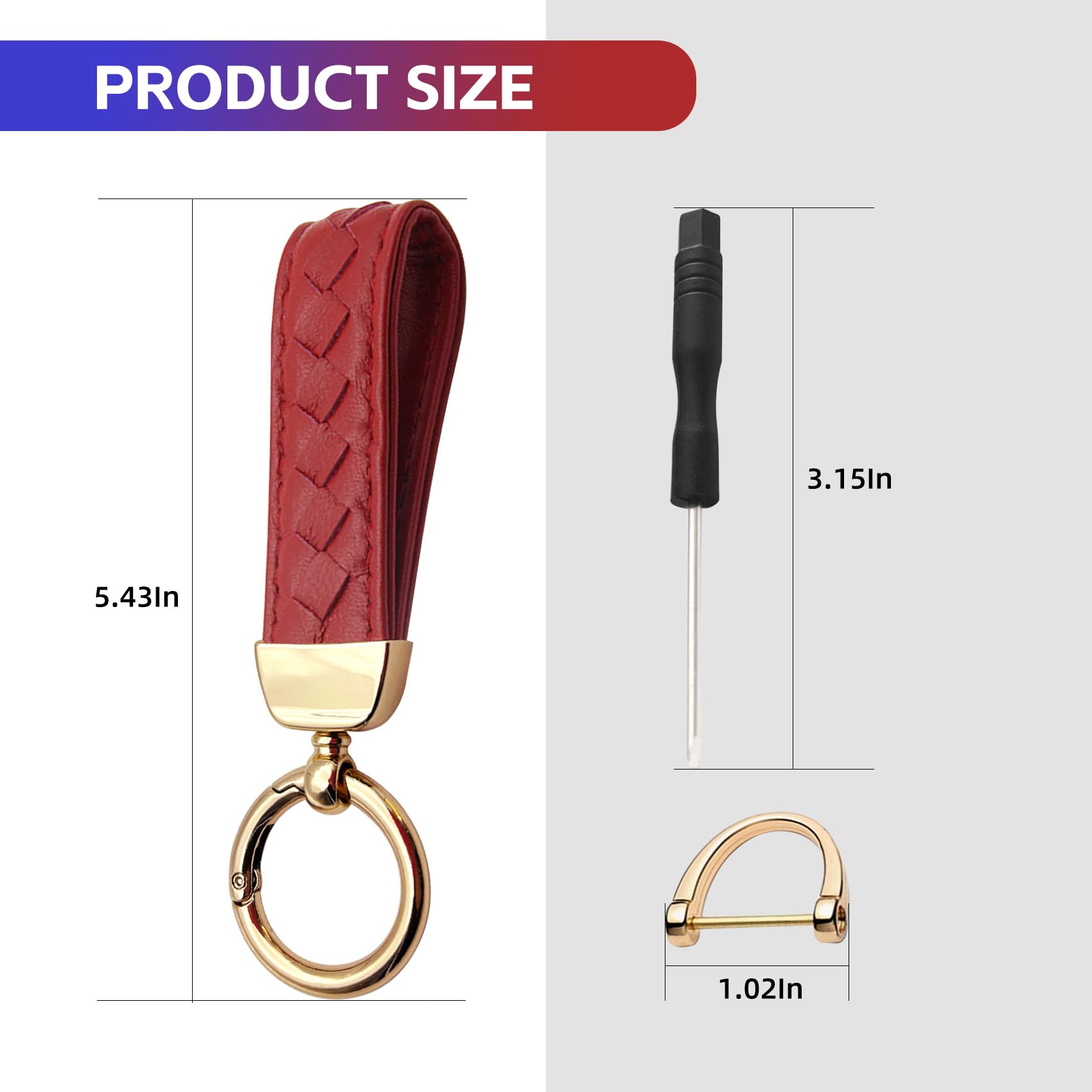 NTNEV Genuine Leather Car Keychain, Universal Car Key FOB Keychain, handmade knitted car key chain, 360 Degree Rotating with Anti-Lost D-Ring, 2 Key Rings and 1 Screwdriver, Unisex-Red
