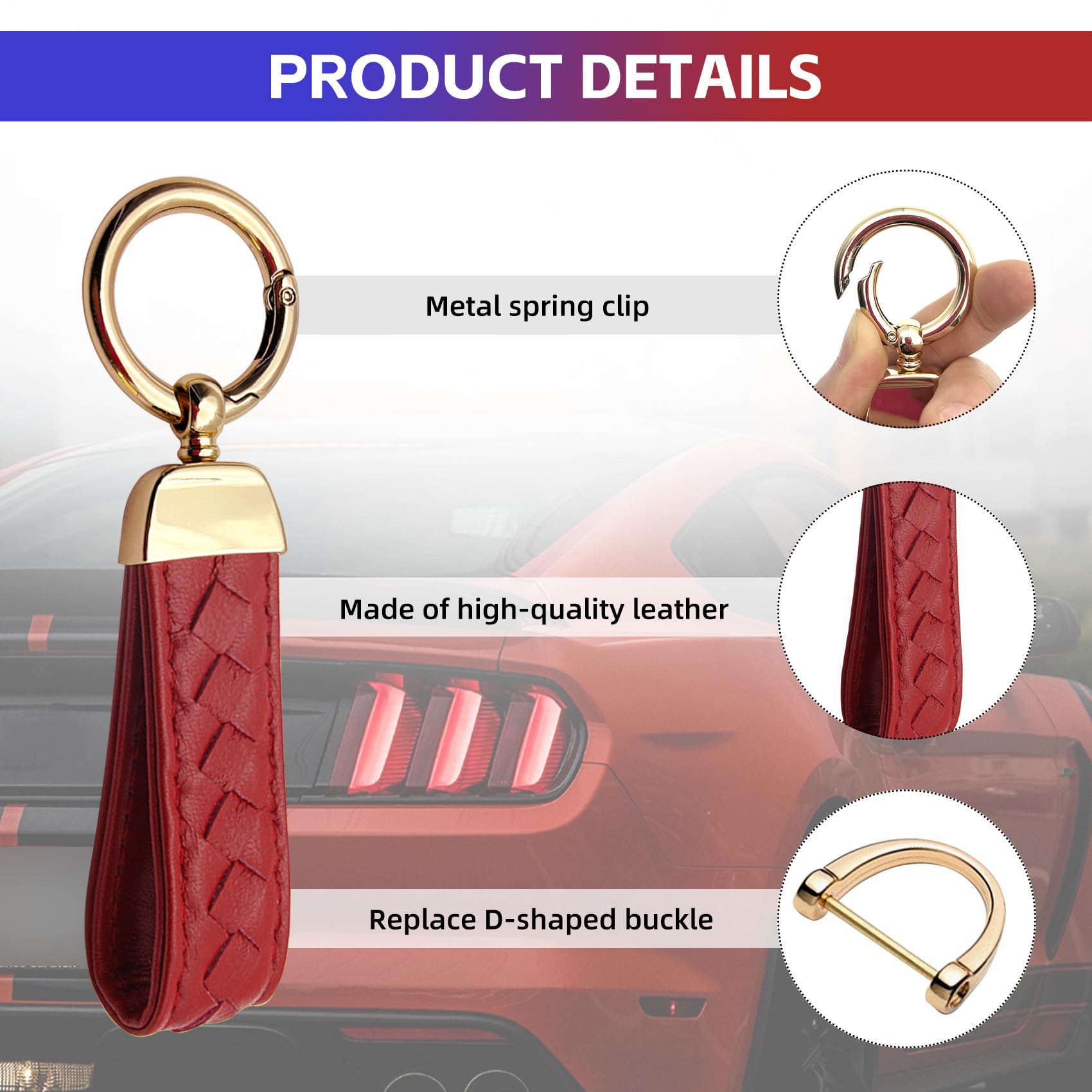 NTNEV Genuine Leather Car Keychain, Universal Car Key FOB Keychain, handmade knitted car key chain, 360 Degree Rotating with Anti-Lost D-Ring, 2 Key Rings and 1 Screwdriver, Unisex-Red