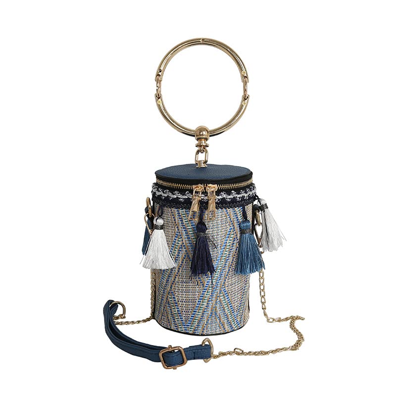 Anopo Womens Straw Shoulder Bag Embroidered Tassel Ethnic Travel Crossbody BOHO Purse Summer Beach Bohemian Handbag Tote for Girls Bucket Blue