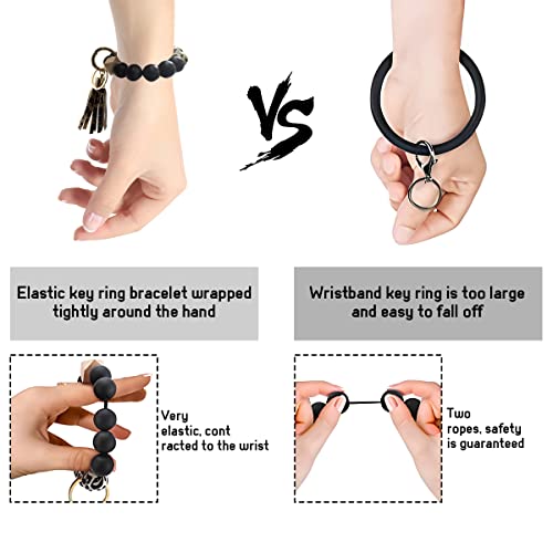 Key Chains Bracelet with Tassel, Beaded Car Key Ring Wristlet, Silicone Beaded Bangle Chains, Cute Gifts for Women and Girls (Black/Zebra)